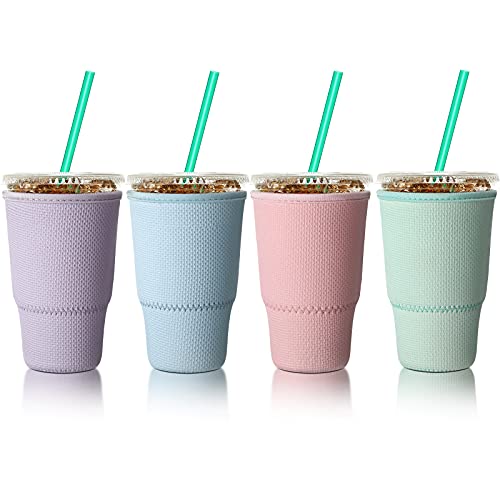 4 Pieces Reusable Coffee Sleeves Neoprene Cup Sleeve Cup Insulator Bottle Sleeves for Iced Coffee Cold Drinks Beverages, Fits 30-32 oz Large Cups