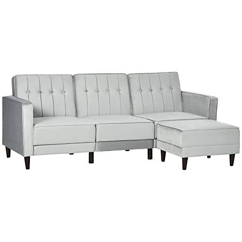 HOMCOM Upholstered L-Shaped Sofa Bed, Reversible Sectional Recliner Sofa Set, Velvet-Feel Sleeper Futon with Footstool, Grey