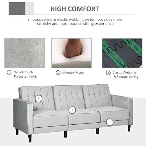 HOMCOM Upholstered L-Shaped Sofa Bed, Reversible Sectional Recliner Sofa Set, Velvet-Feel Sleeper Futon with Footstool, Grey