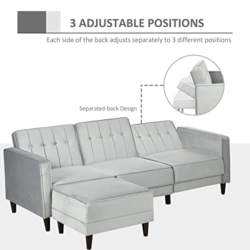 HOMCOM Upholstered L-Shaped Sofa Bed, Reversible Sectional Recliner Sofa Set, Velvet-Feel Sleeper Futon with Footstool, Grey