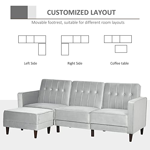 HOMCOM Upholstered L-Shaped Sofa Bed, Reversible Sectional Recliner Sofa Set, Velvet-Feel Sleeper Futon with Footstool, Grey