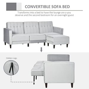 HOMCOM Upholstered L-Shaped Sofa Bed, Reversible Sectional Recliner Sofa Set, Velvet-Feel Sleeper Futon with Footstool, Grey