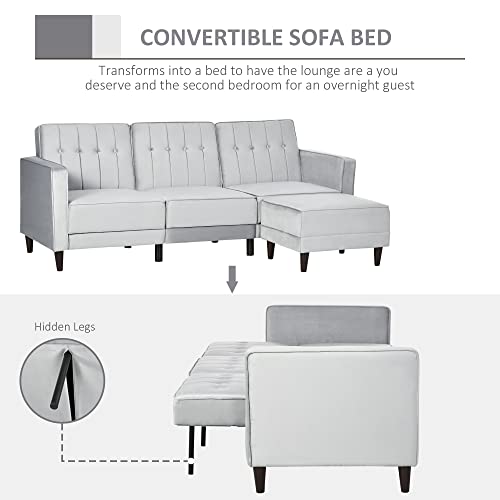 HOMCOM Upholstered L-Shaped Sofa Bed, Reversible Sectional Recliner Sofa Set, Velvet-Feel Sleeper Futon with Footstool, Grey