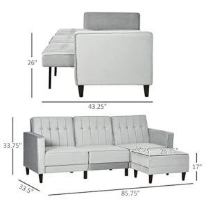 HOMCOM Upholstered L-Shaped Sofa Bed, Reversible Sectional Recliner Sofa Set, Velvet-Feel Sleeper Futon with Footstool, Grey