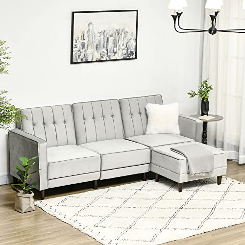 HOMCOM Upholstered L-Shaped Sofa Bed, Reversible Sectional Recliner Sofa Set, Velvet-Feel Sleeper Futon with Footstool, Grey