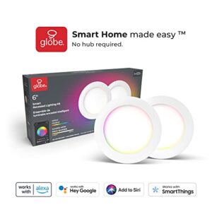 Globe Electric 50069 Wi-Fi Smart 6" Ultra Slim LED Recessed Lighting Kit 2-Pack, No Hub Required, Voice Activated, 12 W, Multicolor Changing RGB, Tunable White 2000K - 5000K, 800 Lumens, Wet Rated