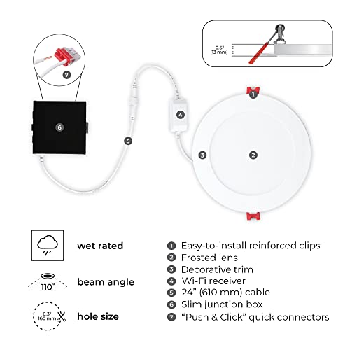 Globe Electric 50069 Wi-Fi Smart 6" Ultra Slim LED Recessed Lighting Kit 2-Pack, No Hub Required, Voice Activated, 12 W, Multicolor Changing RGB, Tunable White 2000K - 5000K, 800 Lumens, Wet Rated