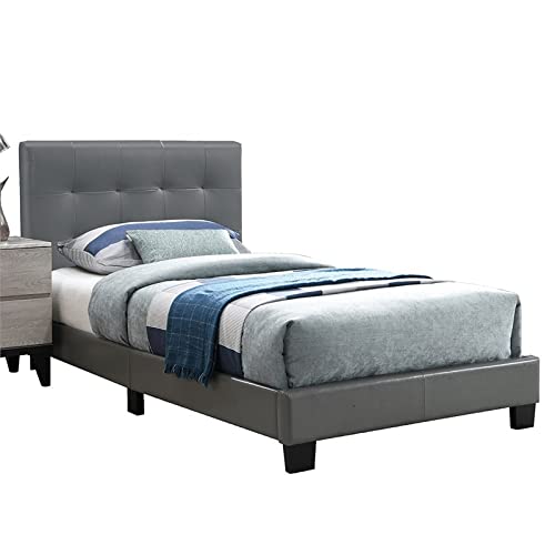 Poundex Twin Faux Leather Upholstered Bed, Grey