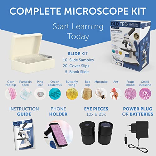 Old Ted 40x - 1000x Microscope for Adults and Students. Complete Microscope Kit Including Specimen Slide Samples, Detailed User Guide & Phone Microscope Adaptor. Ideal for STEM Projects