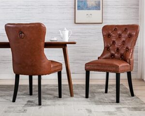 cimota pu leather dining chairs set of 2, upholstered modern tufted dining room chairs nailhead trim armless side chair with solid wood for kitchen/dining room/bedroom (brown, ring on the back)