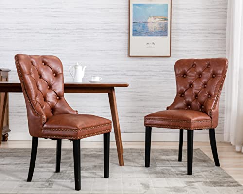 CIMOTA PU Leather Dining Chairs Set of 2, Upholstered Modern Tufted Dining Room Chairs Nailhead Trim Armless Side Chair with Solid Wood for Kitchen/Dining Room/Bedroom (Brown, Ring on The Back)