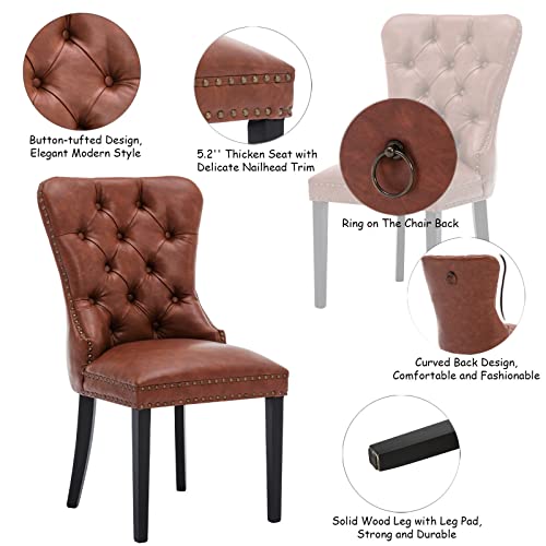 CIMOTA PU Leather Dining Chairs Set of 2, Upholstered Modern Tufted Dining Room Chairs Nailhead Trim Armless Side Chair with Solid Wood for Kitchen/Dining Room/Bedroom (Brown, Ring on The Back)