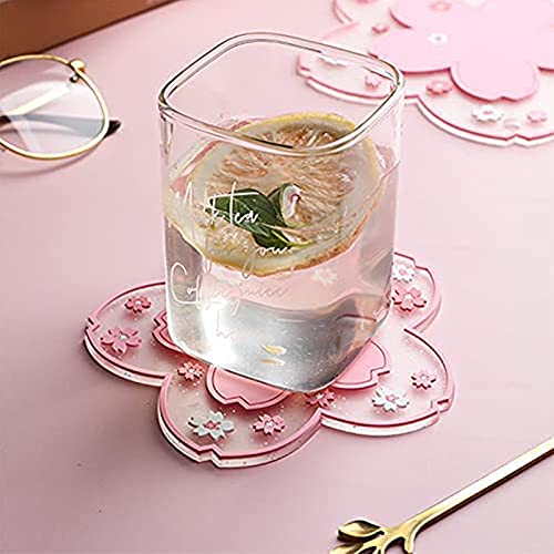 CXDC Sakura Coaster, 4 Pcs Kawaii Coasters for Drinks Japanese Style Coaster Set Cherry Blossom Pattern Pad Coaster, PVC No-Slip Coaster Insulation for Coffee Cup Beer Mug Tableware, Pink