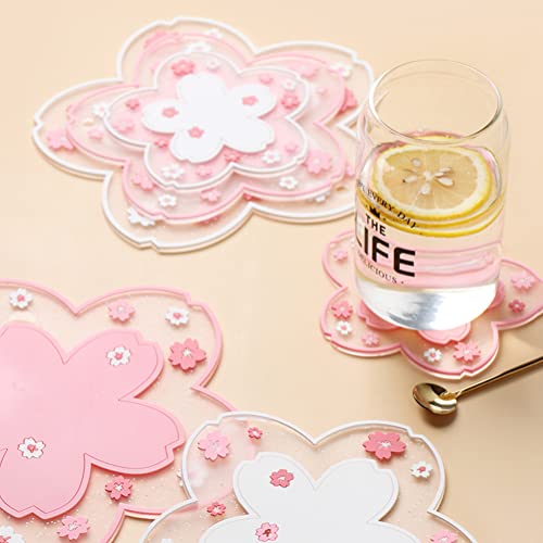 CXDC Sakura Coaster, 4 Pcs Kawaii Coasters for Drinks Japanese Style Coaster Set Cherry Blossom Pattern Pad Coaster, PVC No-Slip Coaster Insulation for Coffee Cup Beer Mug Tableware, Pink