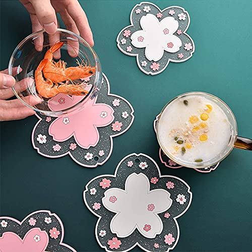 CXDC Sakura Coaster, 4 Pcs Kawaii Coasters for Drinks Japanese Style Coaster Set Cherry Blossom Pattern Pad Coaster, PVC No-Slip Coaster Insulation for Coffee Cup Beer Mug Tableware, Pink