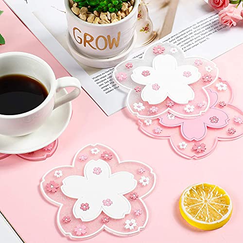 CXDC Sakura Coaster, 4 Pcs Kawaii Coasters for Drinks Japanese Style Coaster Set Cherry Blossom Pattern Pad Coaster, PVC No-Slip Coaster Insulation for Coffee Cup Beer Mug Tableware, Pink