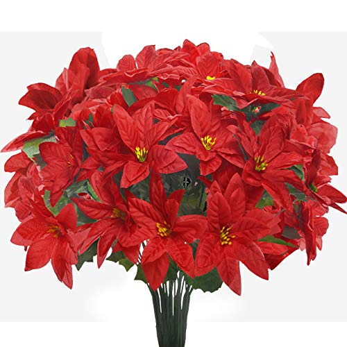 Artflower 6 Pack Red Artificial Poinsettia Bushes 14.6'' Silk Artificial Poinsettia Bouquet Fake Poinsettia Plant Christmas Flowers for Home Garden Indoor Outdoor Christmas Decorations