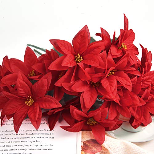 Artflower 6 Pack Red Artificial Poinsettia Bushes 14.6'' Silk Artificial Poinsettia Bouquet Fake Poinsettia Plant Christmas Flowers for Home Garden Indoor Outdoor Christmas Decorations