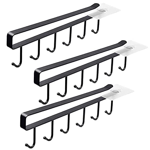 Mug Hooks Under Cabinet 3 pcs Coffee Tea Cup Mug Holder for Kitchen wiht 6 Hook, Fit for 0.94 Inch Thickness Shelf or Less by WOCHOLL (3pcs Black)