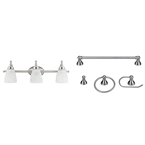 Globe Electric 50783 Diana 3-Light Exclusive Vanity Light, Satin Nickel Finish + 51228 Jayden 4-Piece All-in-One Bathroom Hardware Set, Brushed Steel, Towel Bar & Ring, Toilet Paper Holder, Robe Hook