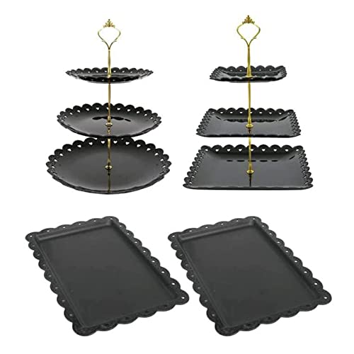 4 Pieces Plastic Cake Stand Set with 2pcs Large 3-Tier Cupcake Stands + 2pcs Appetizer Trays Perfect for Wedding Halloween Birthday Baby Shower Tea Party(Black)