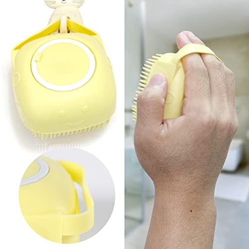 Dog Bath Brush, Pet Massage Brush Shampoo Dispenser, Soft Silicone Brush Rubber Bristle for Dogs and Cats Shower Grooming (Yellow)