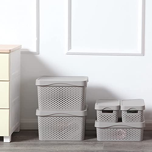 HANAMYA Lidded Storage Bin Organizer | Storage Organizing Container, 16 Liter, Set of 4, Gray