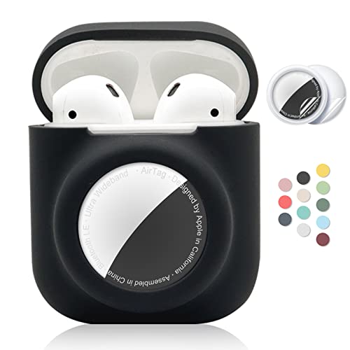 2 in 1 Silicone Protective Skin Cover Compatible with AirPod 1&2 and AirTag, Soft Comprehensive Protective Case with 2 PCS TPU Screen Protector, Anti-Scratch Anti-Fall Anti-Lost(Black)