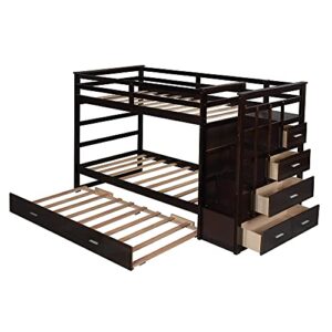 Harper & Bright Designs Wood Twin Bunk Bed for Kids, Twin Over Twin Bunk Bed Frame with Trundle and Staircase, Espresso