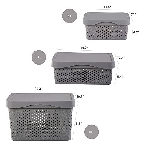 HANAMYA Lidded Storage Bin Organizer | Storage Organizing Container, 5 Liter, Set of 6, Gray