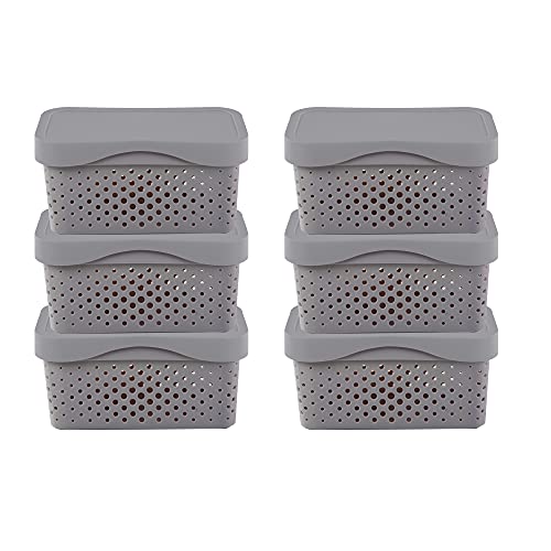 HANAMYA Lidded Storage Bin Organizer | Storage Organizing Container, 5 Liter, Set of 6, Gray