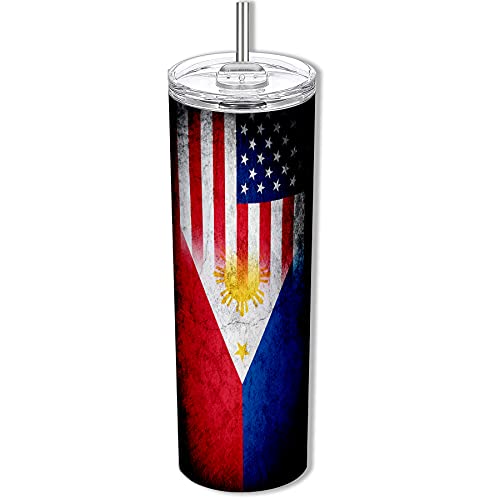 ExpressItBest 20oz Skinny Tumbler with Flag of Philippines Filipino,Pinoy - Rustic & USA