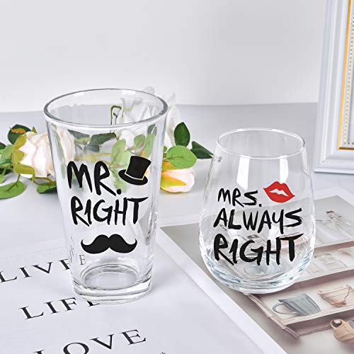 Mr. Right and Mrs. Always Right Stemless Wine Glass and Beer Glass, Funny Couple Set for Her Him Newlywed Couples - Ideal for Wedding Anniversary Valentine's Day Birthday Christmas, 12Oz