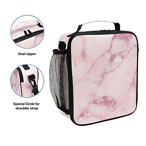 Lunch Bags for Boys Girls, Pink Marble Pattern Reusable Insulated Lunch Box Thermal Meal Tote Kit, Lunch Cooler Bag Organizer with Adjustable Shoulder Strap