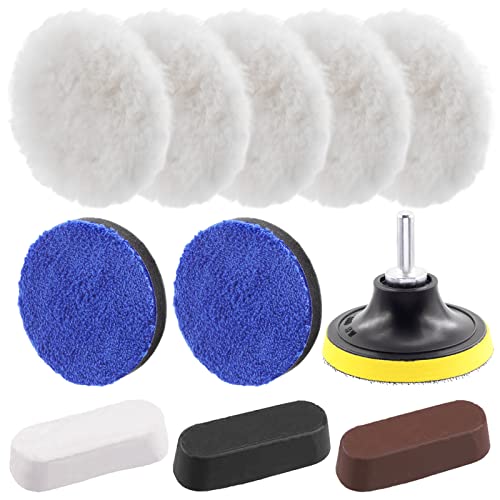 Cimeton 11Pcs 3 Inch Wool Cutting Pad Set, Wool Buffing Polishing Pad, Hook & Loop Backing Plate with M10 Drill Adapter, Polishing Compound and Microfiber Pad for Car Polishing Waxing Cleaning