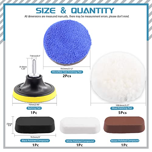 Cimeton 11Pcs 3 Inch Wool Cutting Pad Set, Wool Buffing Polishing Pad, Hook & Loop Backing Plate with M10 Drill Adapter, Polishing Compound and Microfiber Pad for Car Polishing Waxing Cleaning