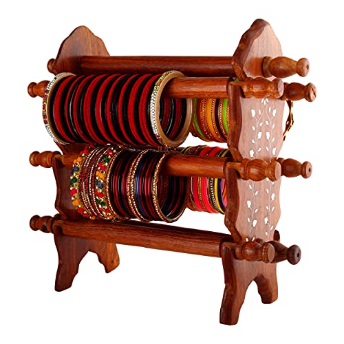 Ortus Handmade Sheesham Wood 8 Rods with 6 Holding Wooden Rods Bangle Holder Stand 13.5 x 3.5 x 12 Inches - Brown