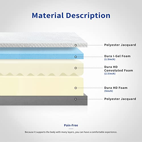 Olee Sleep 9 Inch Ventilated Gel Infused Memory Foam Mattress, CertiPUR-US® Certified, Gray, Queen