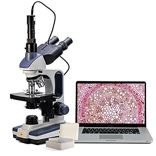 Swift SW 350T Compound Trinocular Microscope,40X-2500X Magnification,Two-Layer Mechanical Stage,with 5.0 mp Camera and Software Windows/Mac Compatible and 5 PCS Prepared Slides and 5 PCS Blank Slides