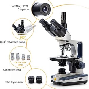 Swift SW 350T Compound Trinocular Microscope,40X-2500X Magnification,Two-Layer Mechanical Stage,with 5.0 mp Camera and Software Windows/Mac Compatible and 5 PCS Prepared Slides and 5 PCS Blank Slides