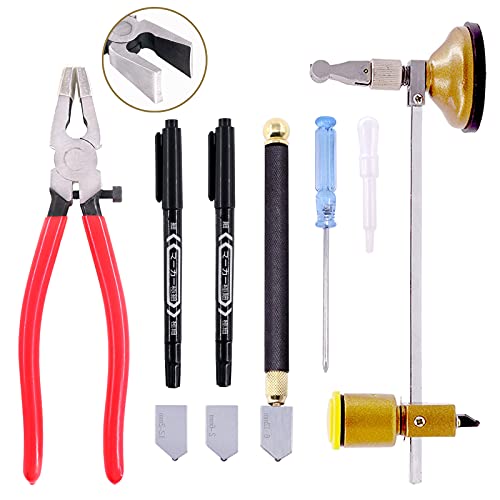 Wokape 11Pcs Glass Cutter Tool Kit, Circular Glass Cutter and Curve Jaw Glass Running Pliers with Rubber Tips, Pencil Oil Feed Carbide Tip Glass Cutter, 2Pcs Blades with Oil Dropper and Screwdrive