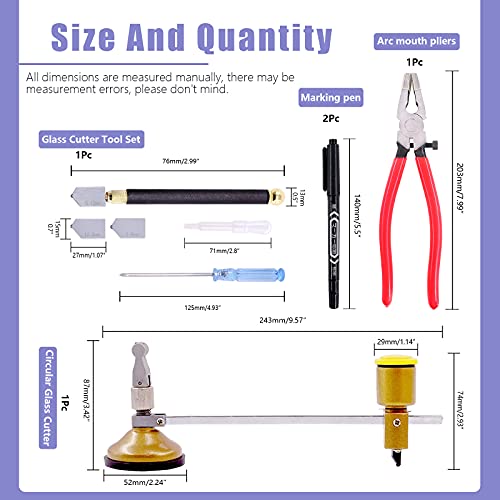 Wokape 11Pcs Glass Cutter Tool Kit, Circular Glass Cutter and Curve Jaw Glass Running Pliers with Rubber Tips, Pencil Oil Feed Carbide Tip Glass Cutter, 2Pcs Blades with Oil Dropper and Screwdrive