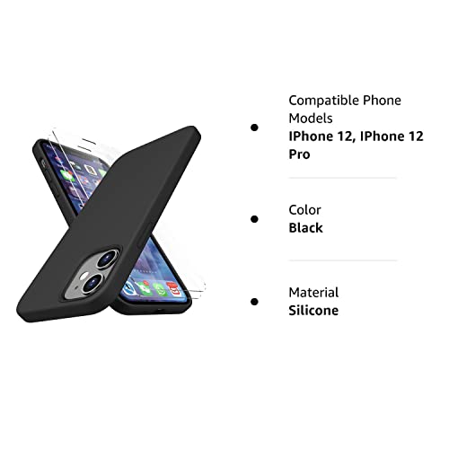 CellEver Silicone Case for iPhone 12, 12 Pro Slim Fit [2 Tempered 9H Glass Screen Protectors Included] Shockproof Phone Cover with [Soft Microfiber Lining] - Black