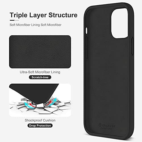 CellEver Silicone Case for iPhone 12, 12 Pro Slim Fit [2 Tempered 9H Glass Screen Protectors Included] Shockproof Phone Cover with [Soft Microfiber Lining] - Black