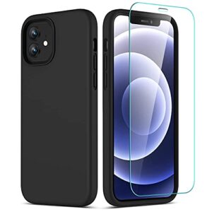 CellEver Silicone Case for iPhone 12, 12 Pro Slim Fit [2 Tempered 9H Glass Screen Protectors Included] Shockproof Phone Cover with [Soft Microfiber Lining] - Black