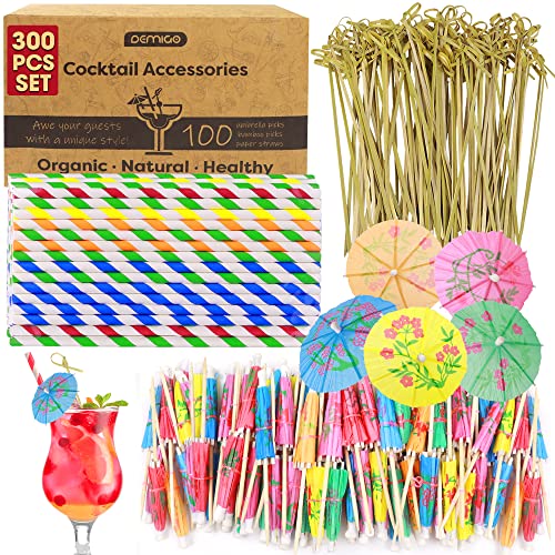 Cocktail Drink Accessories 300pcs – 100 Drink Umbrellas, 100 Bamboo Knotted Picks, 100 Paper Straws by DEMIGO, Great for Drinks & Appetizers, Hawaiian and Pool Parties