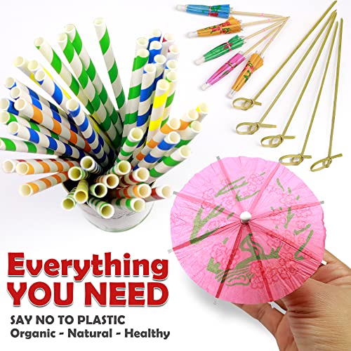 Cocktail Drink Accessories 300pcs – 100 Drink Umbrellas, 100 Bamboo Knotted Picks, 100 Paper Straws by DEMIGO, Great for Drinks & Appetizers, Hawaiian and Pool Parties