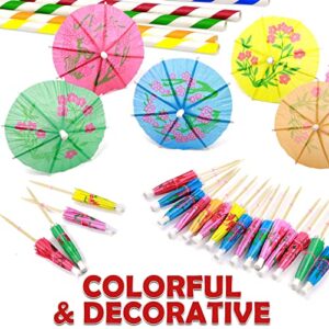 Cocktail Drink Accessories 300pcs – 100 Drink Umbrellas, 100 Bamboo Knotted Picks, 100 Paper Straws by DEMIGO, Great for Drinks & Appetizers, Hawaiian and Pool Parties