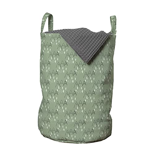 Lunarable Mountains Laundry Bag, Continuous Nature Woodland Pattern Wanderlust Camping Minimal Trees Forest, Hamper Basket with Handles Drawstring Closure for Laundromats, 13" x 19", Reseda Green