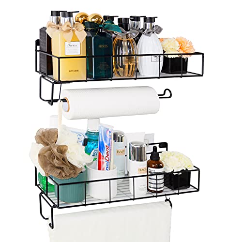 2 Pack -SUFAUY Paper Towel Holder Spice Rack and Multi-Purpose Shelf with Towel Rack, Wall Mount Storage Organizer, Steel, Black